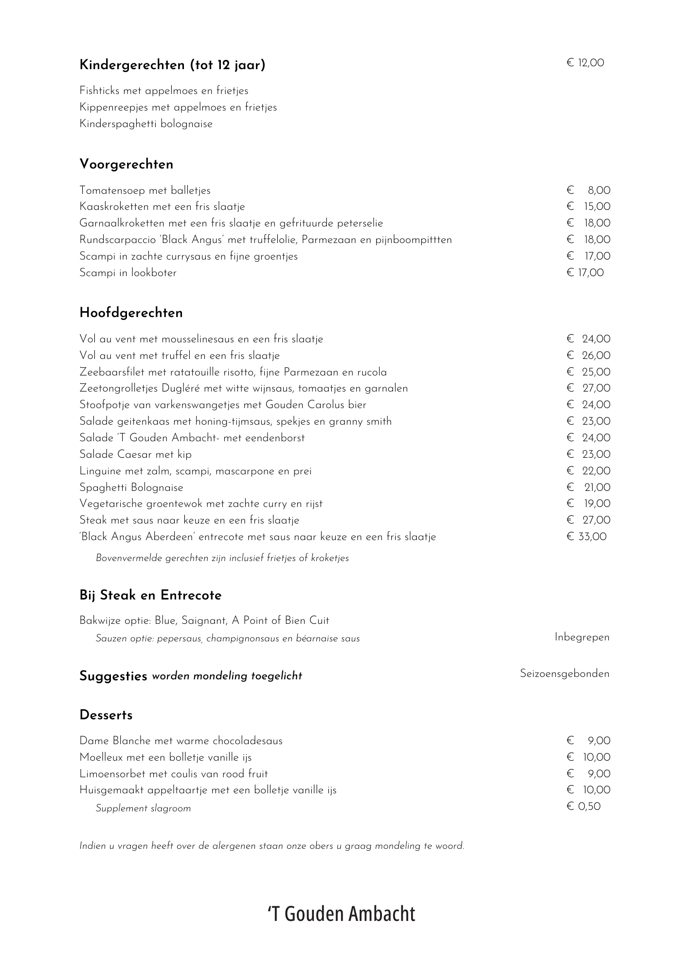 Menukaart Restaurant ‘T Gouden Ambacht Zaventem - Menukaart Restaurant ...